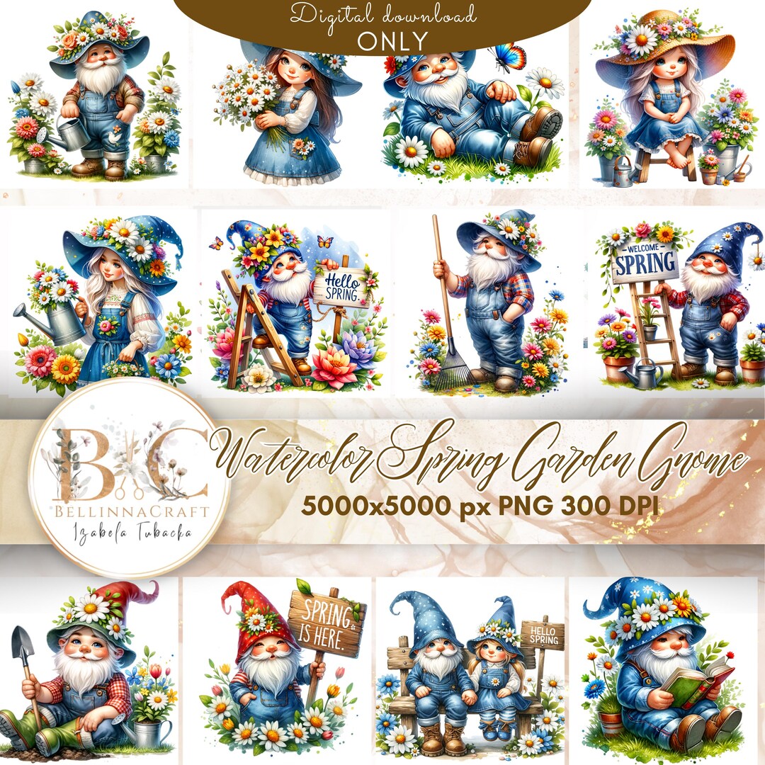 Watercolor Spring Garden Gnome Clipart, Garden Gnome Clipart Bundle ...