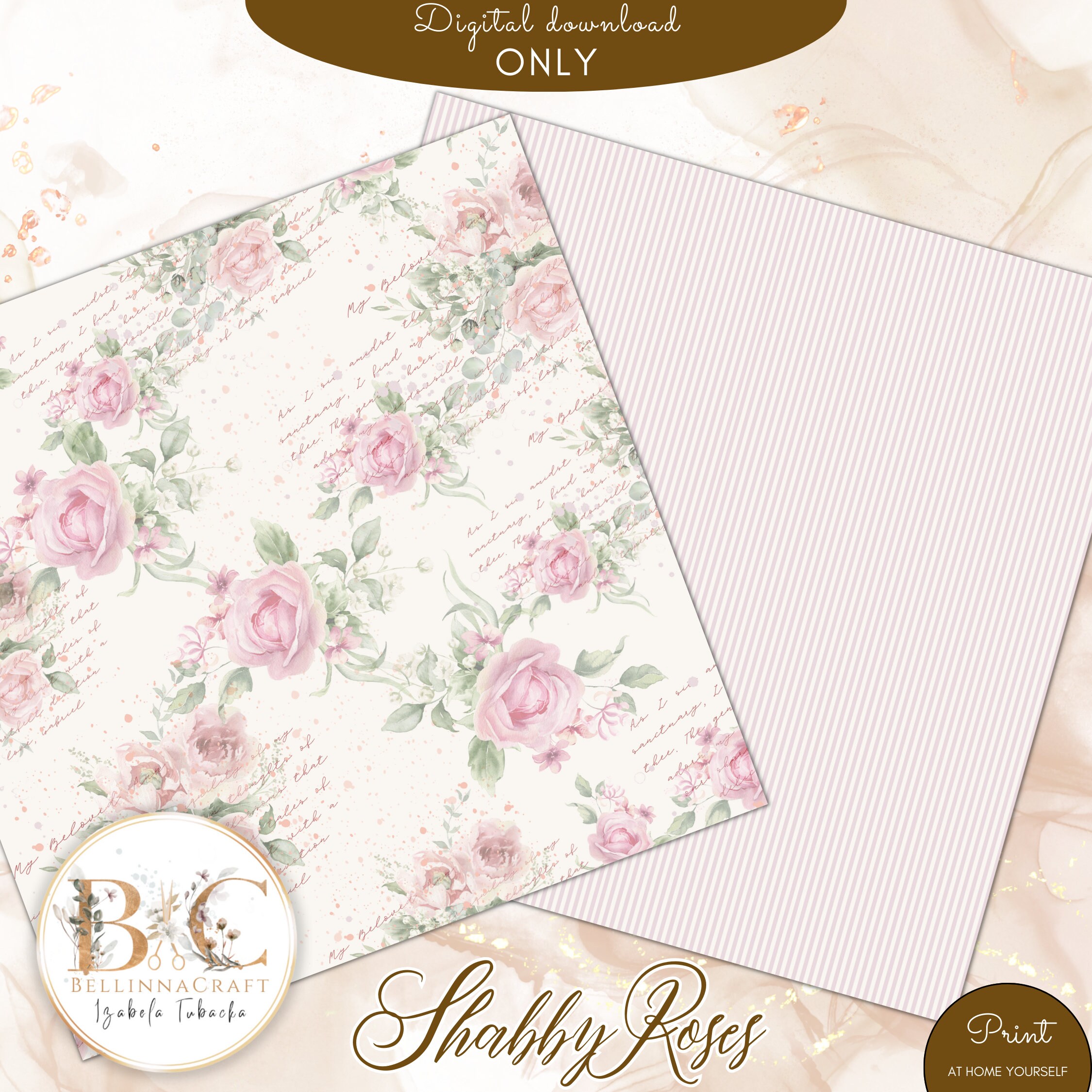 Watercolor Shabby Chic Pink Roses Digital Paper, Scrapbook Seamless ...