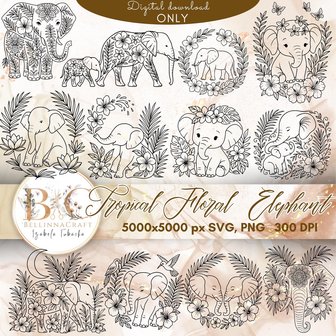 Tropical Floral Elephant Bundle SVG PNG, Cute Boho Elephant Clipart ...