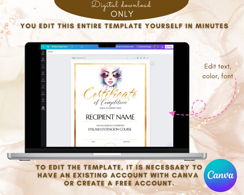 Lashes Certificate of Completion, Eyelash Extension Course Training ...
