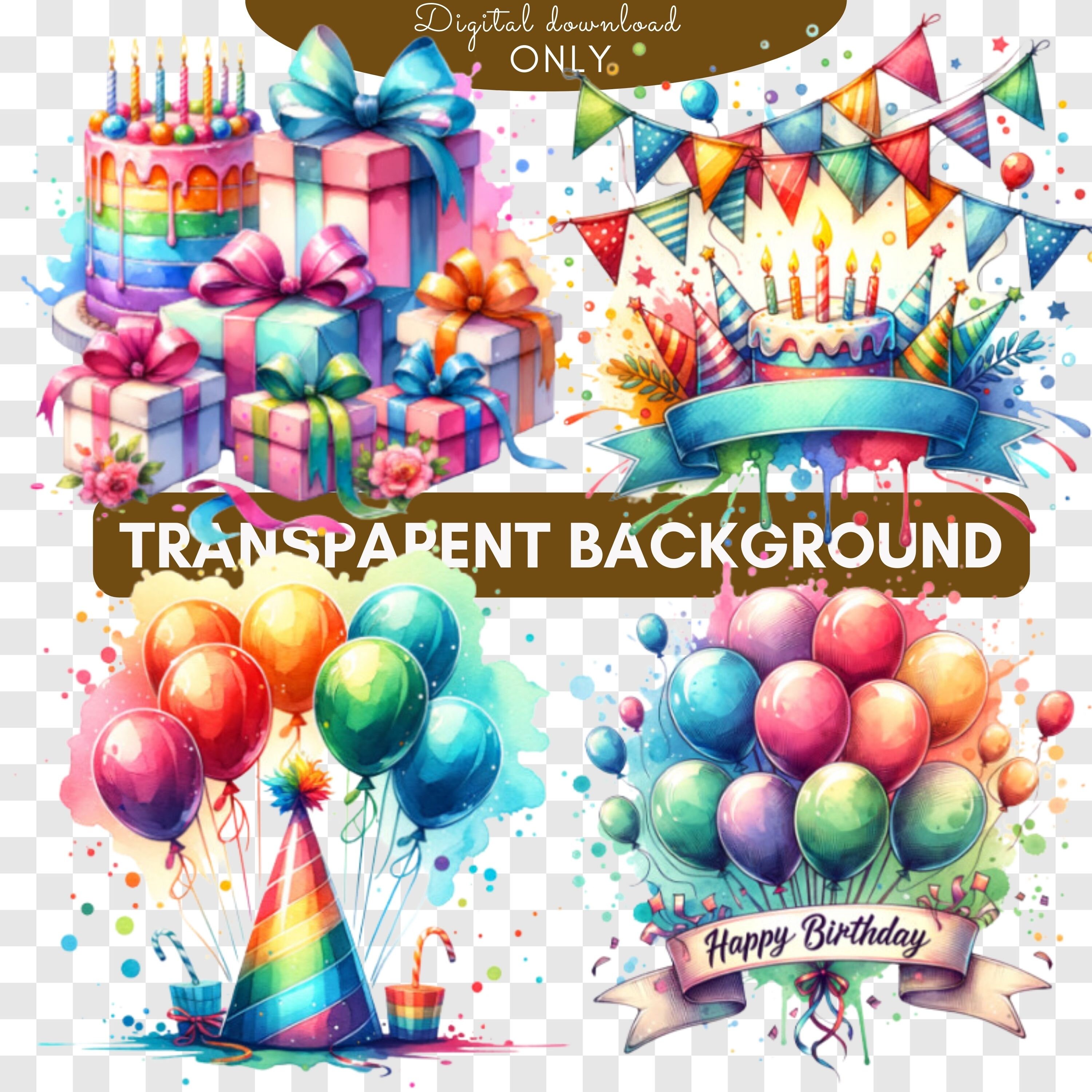 Watercolor Birthday Party Clipart, Cake Present Balloons Clipart Bundle ...