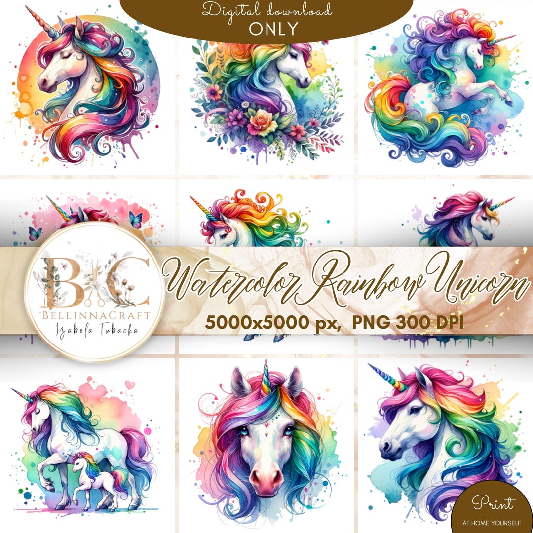 Watercolor Rainbow Unicorn Clipart, Magic Unicorn Graphics, Watercolor ...