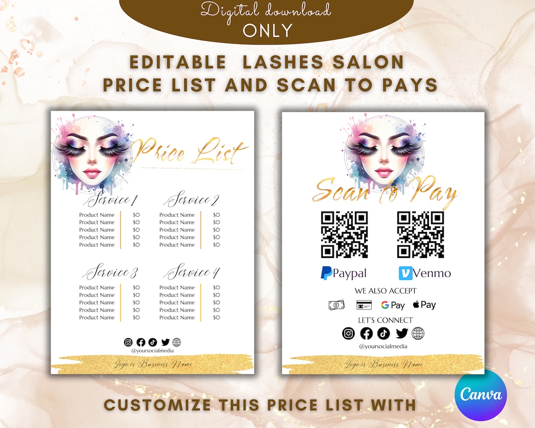 Lash Salon Price List Template, Editable Price List Template Canva ...