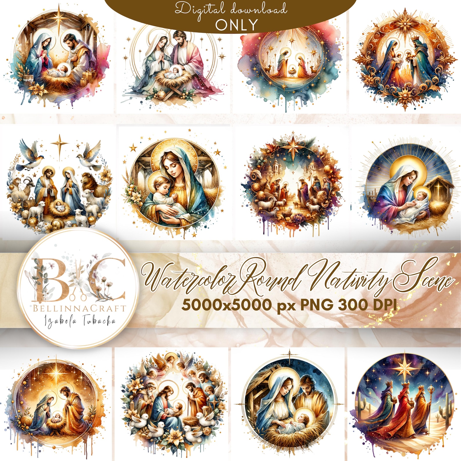 Watercolor Round Christmas Nativity Scene Clipart, Jesus Christmas ...