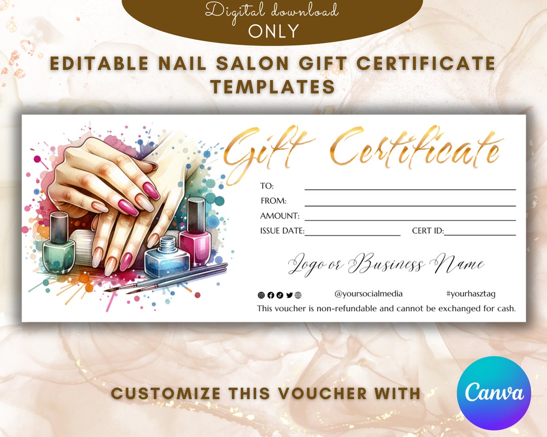 Manicure Gift Certificate Template Elegant Nail Salon Gift Card Template Gift Voucher Printable ...