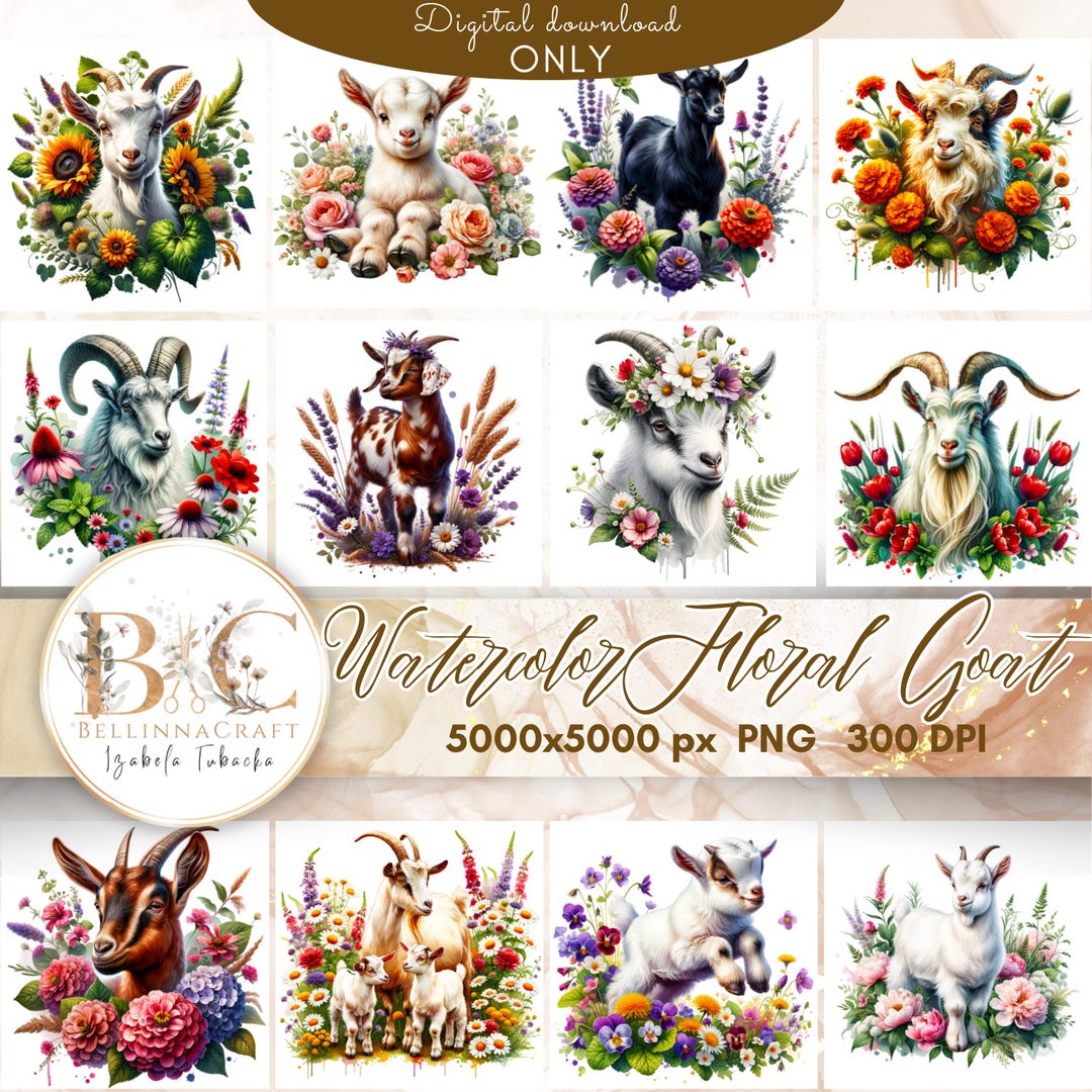 Watercolor Floral Goat Clipart Bundle, Farm Animal Illustrations, Cute ...