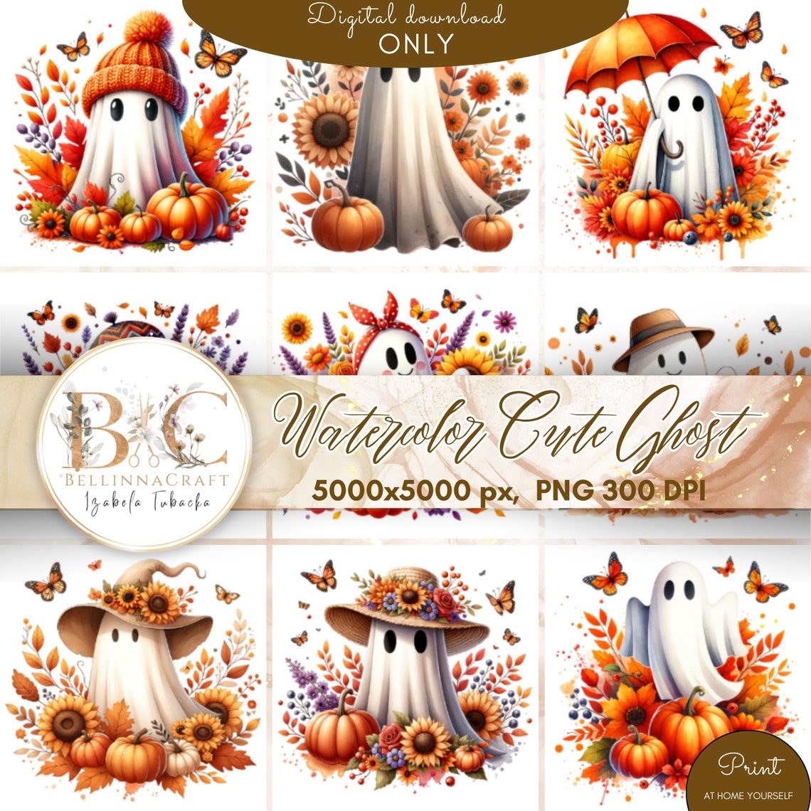 Watercolor Cute Ghost Clipart, Halloween Clipart Graphics, Ghost ...