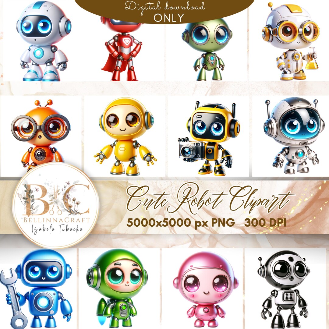 Cute Robot Clipart 3D for Kids, Kids Robot Graphics, 3D Cartoon Robots ...