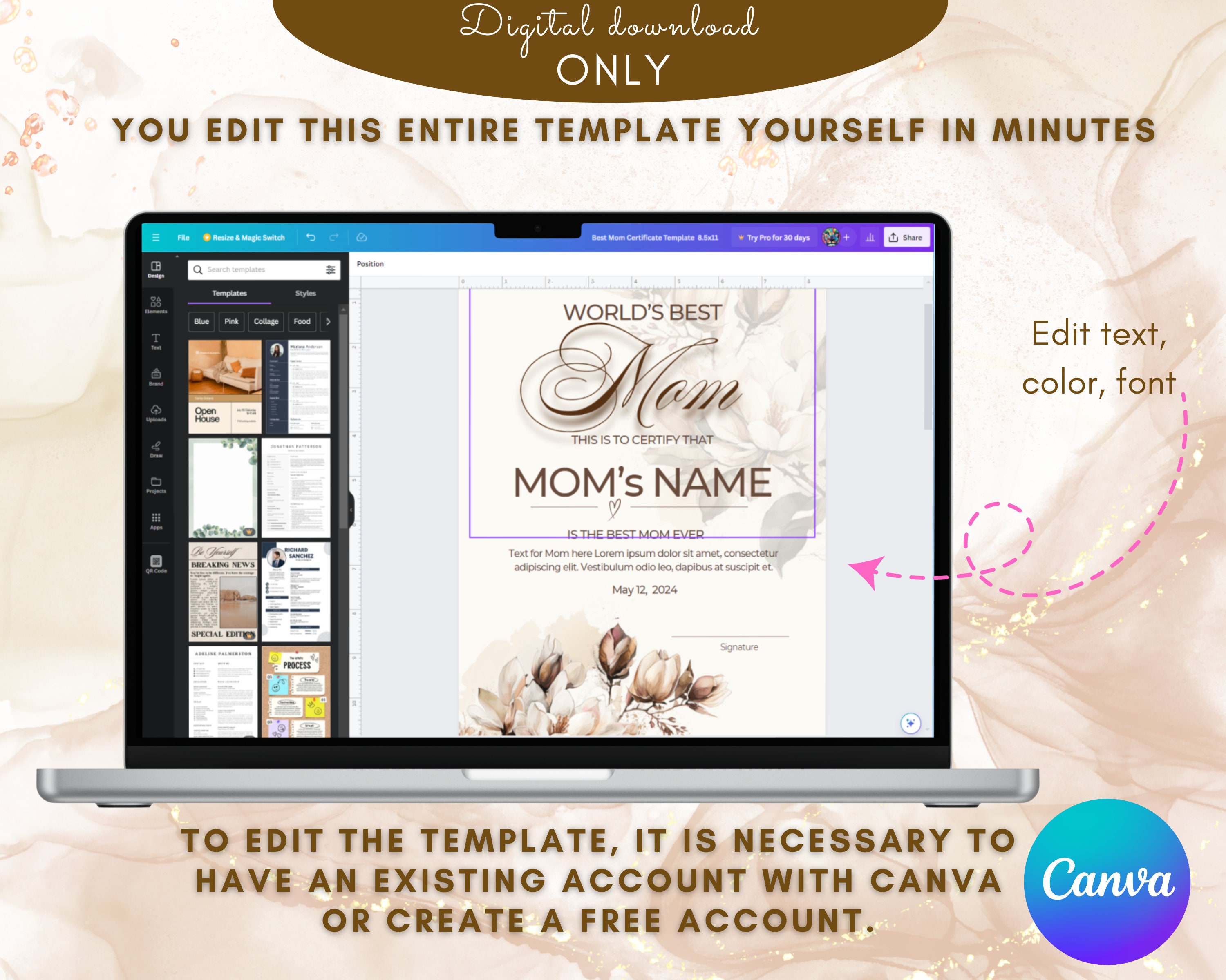 Editable Best Mom Certificate Template Personalized Gift for Mother's ...