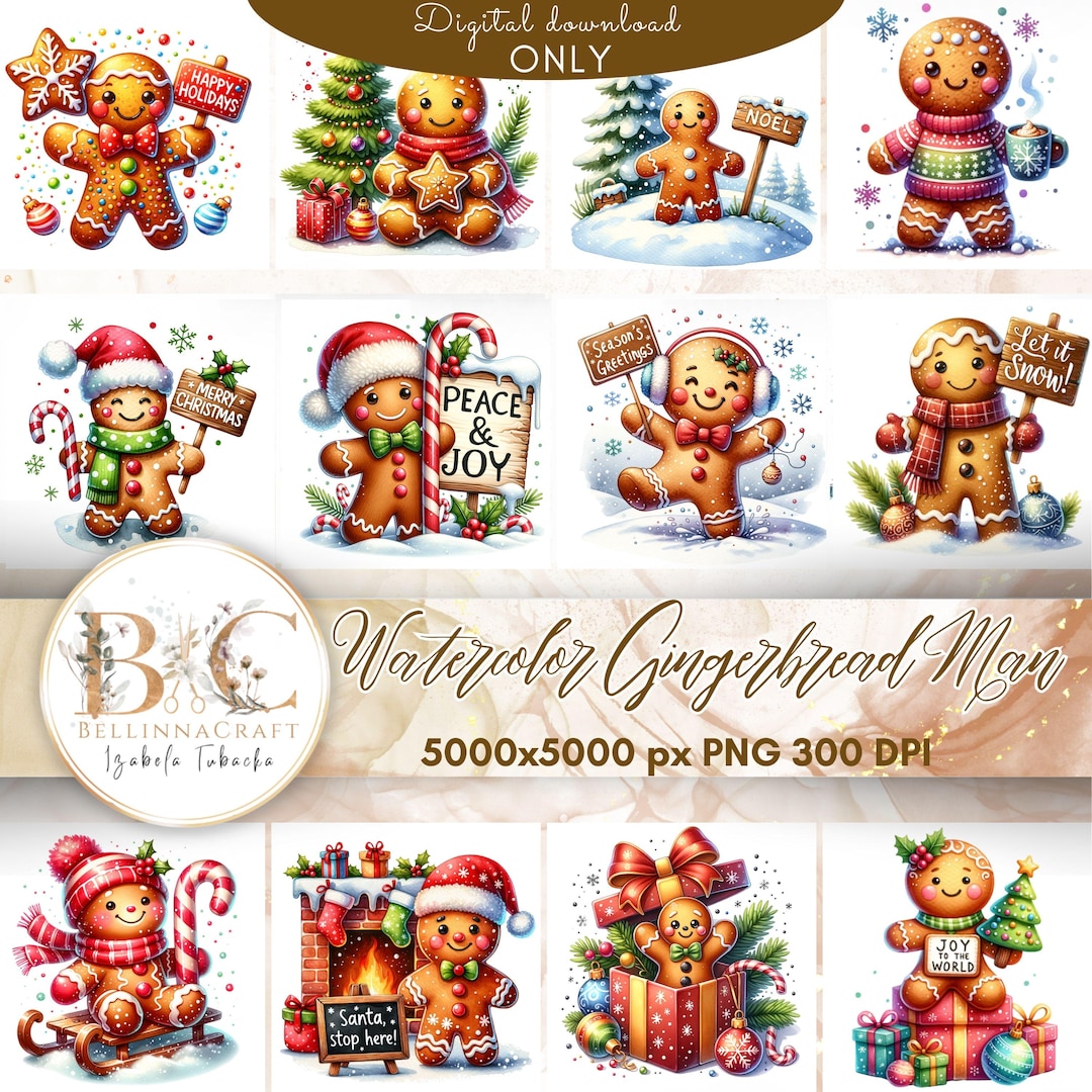 Watercolor Christmas Gingerbread Man Clipart, Christmas Clipart ...