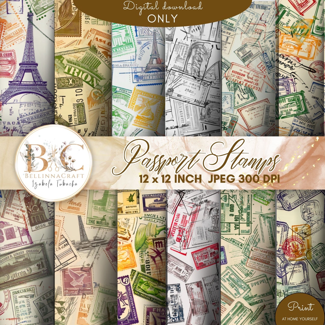 Passport Stamps Digital Paper, Travel Stamps Scrapbook Paper, Journal ...
