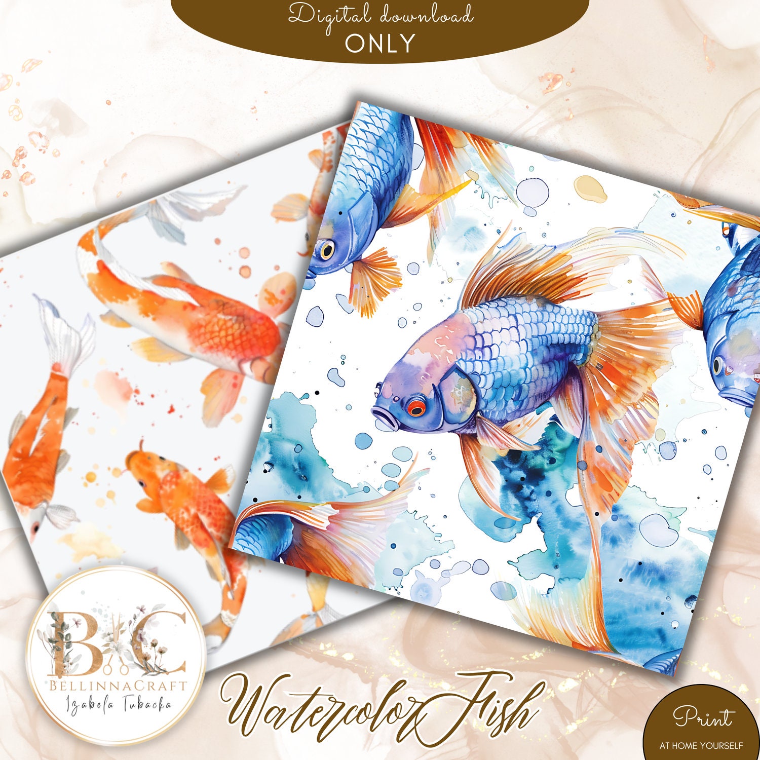 Watercolor Fish Seamless Digital Paper, Scrapbook Paper, Digital Paper ...