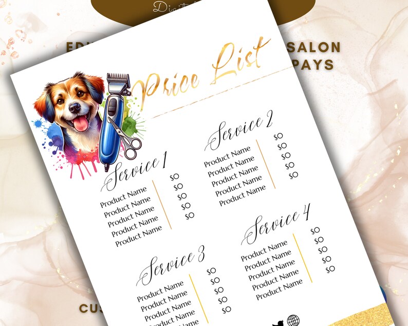 Pet Grooming Salon Price List Template, Printable Price List EDITABLE ...
