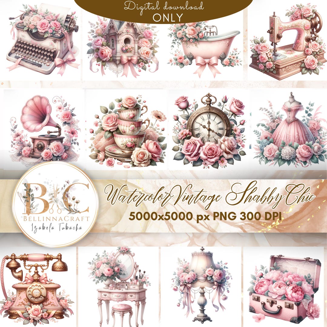 Watercolor Vintage Shabby Chic Clipart, Victorian Decor Clipart, Junk ...