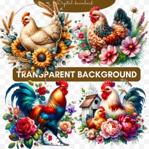 Watercolor Floral Chicken Clipart Bundle, Rooster & Hen Illustrations ...