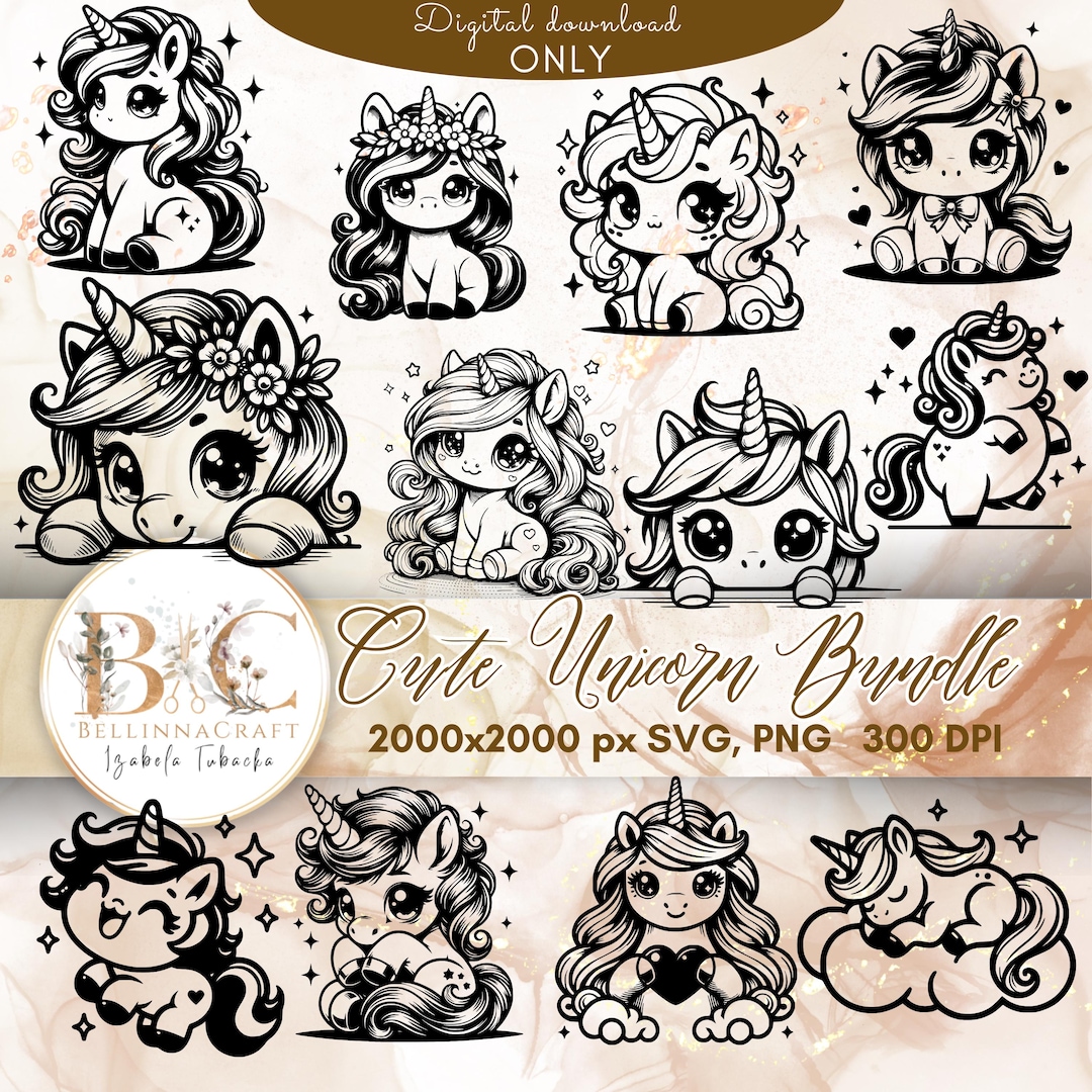 Cute Unicorn Bundle PNG SVG, Magic Unicorn Graphics, Fantasy Clipart ...