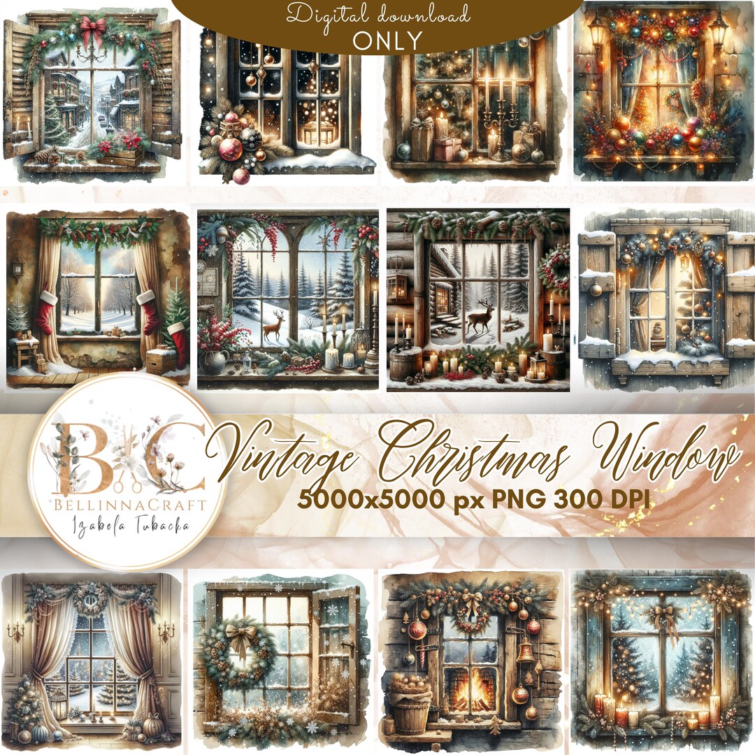 Watercolor Vintage Christmas Window PNG, Xmas Decorated Windows Vintage ...