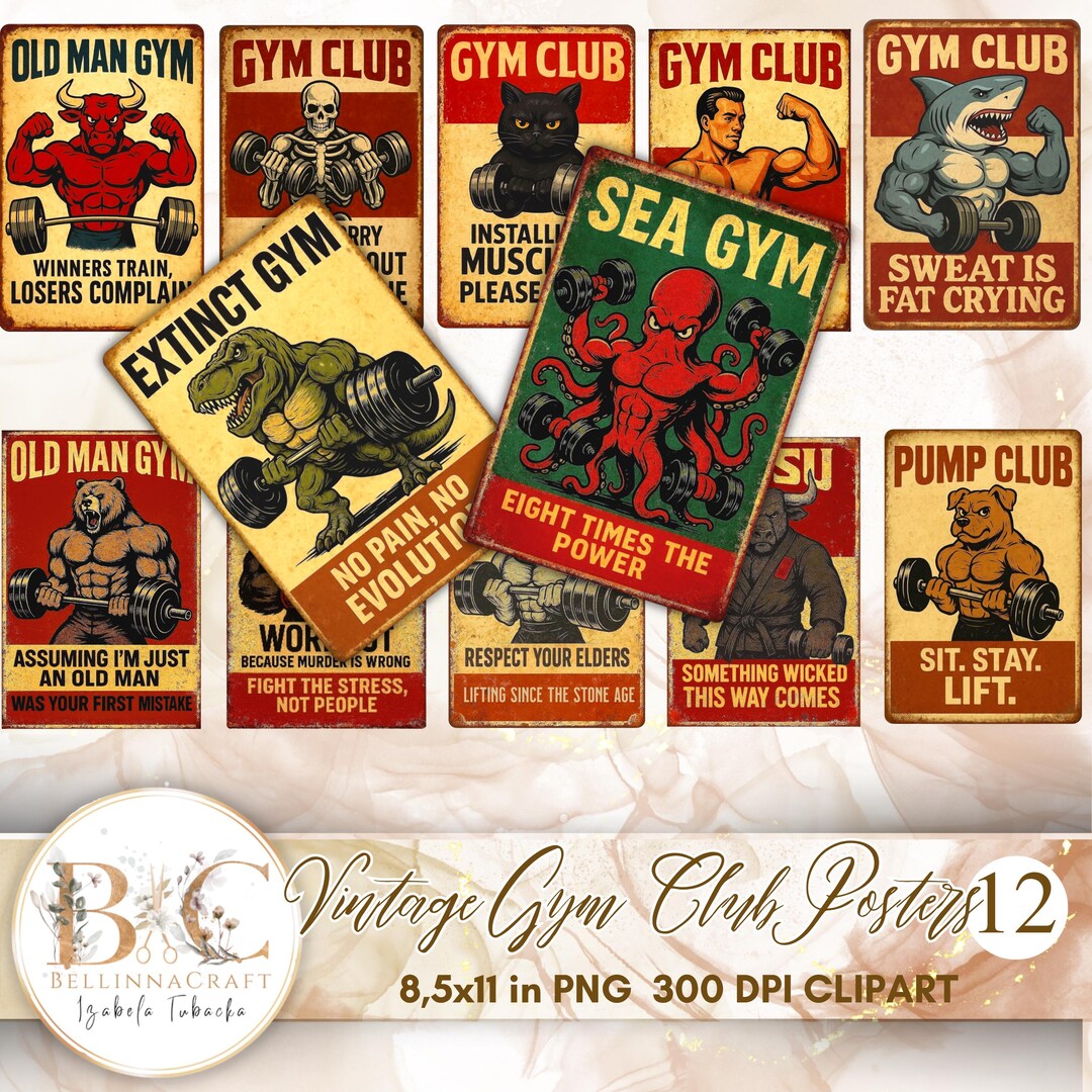 Vintage Gym Club Posters Bundle, Funny Fitness Wall Art, Retro Muscle ...