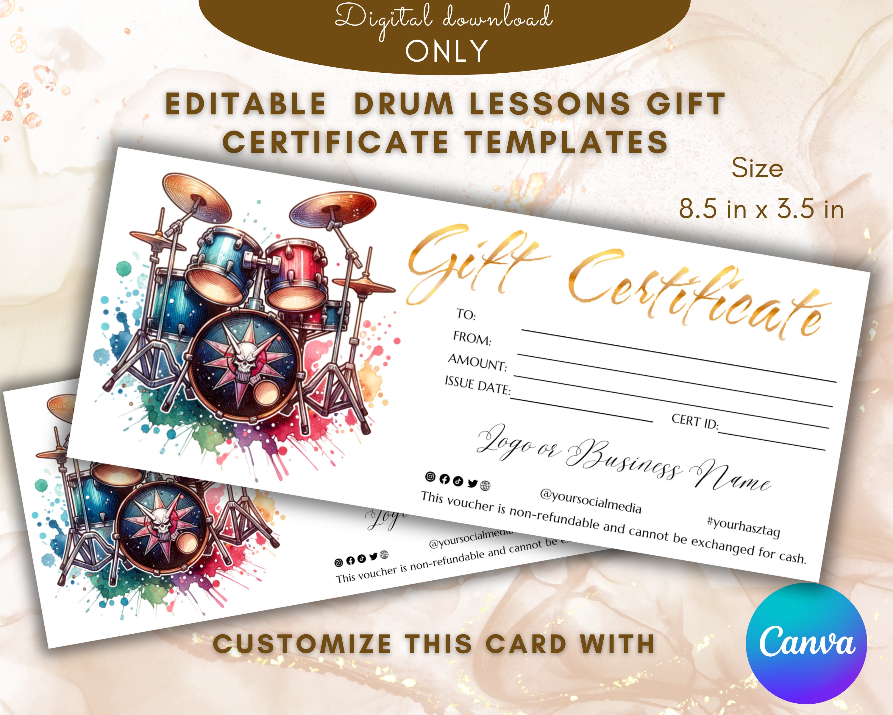 Editable Drum Lessons Gift Certificate Template Drum Lovers Ticket Gift ...
