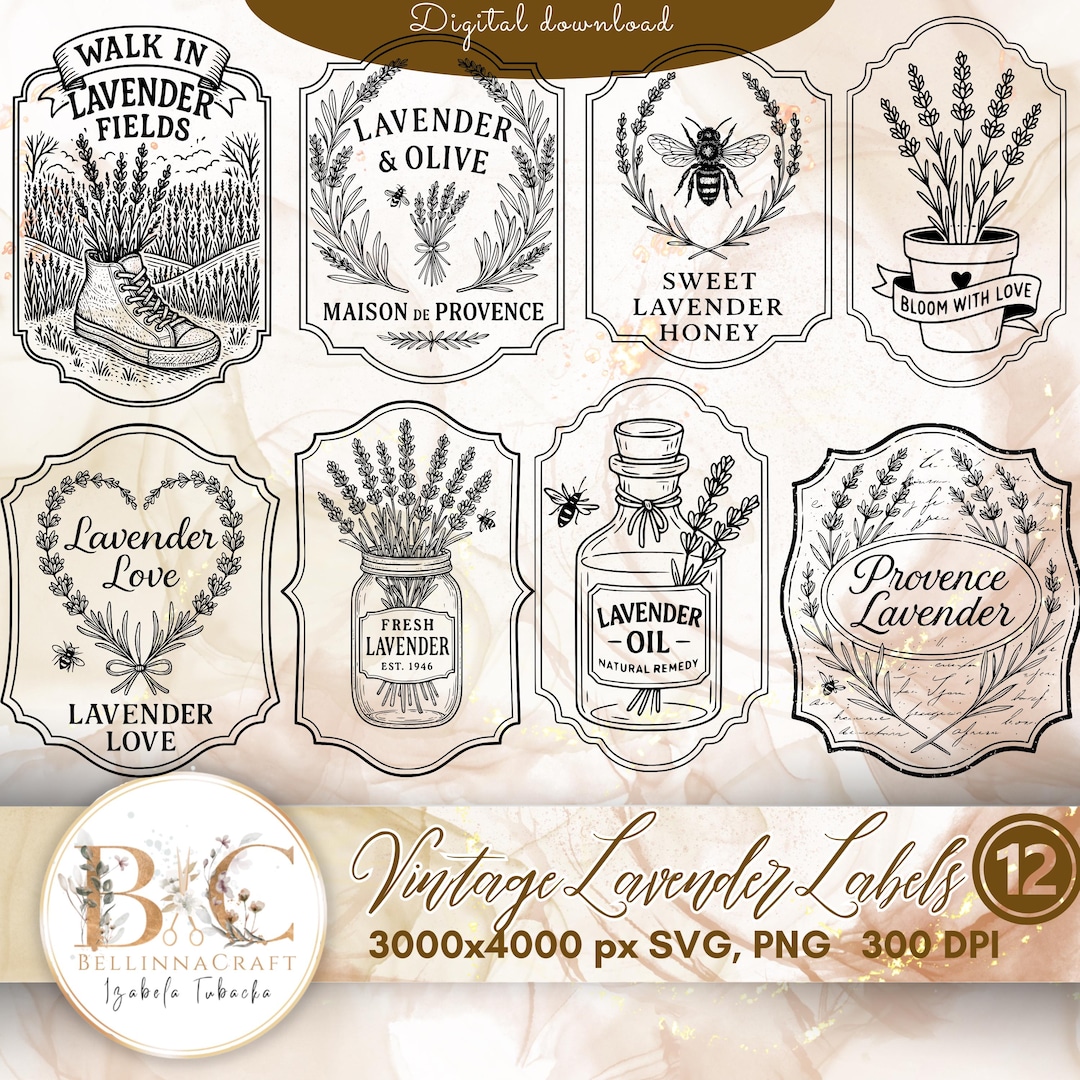 Vintage Lavender Labels SVG Bundle, Botanical Herb Clipart, Provence ...