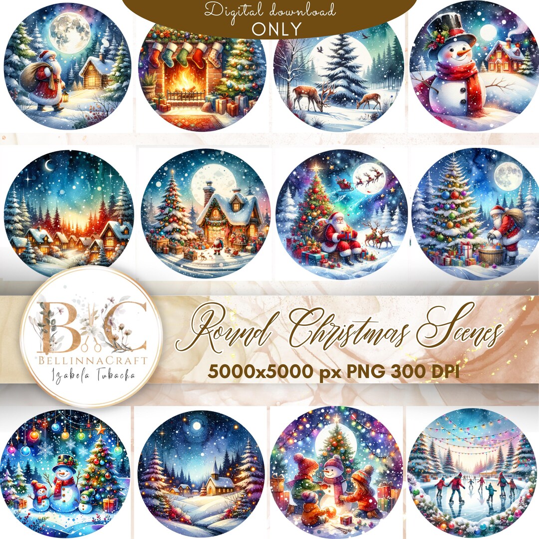 Watercolor Round Christmas Scenes Bundle, Christmas Landscapes ...