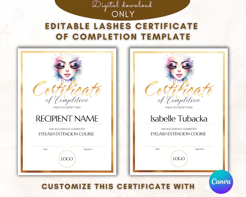 Lashes Certificate of Completion, Eyelash Extension Course Training ...