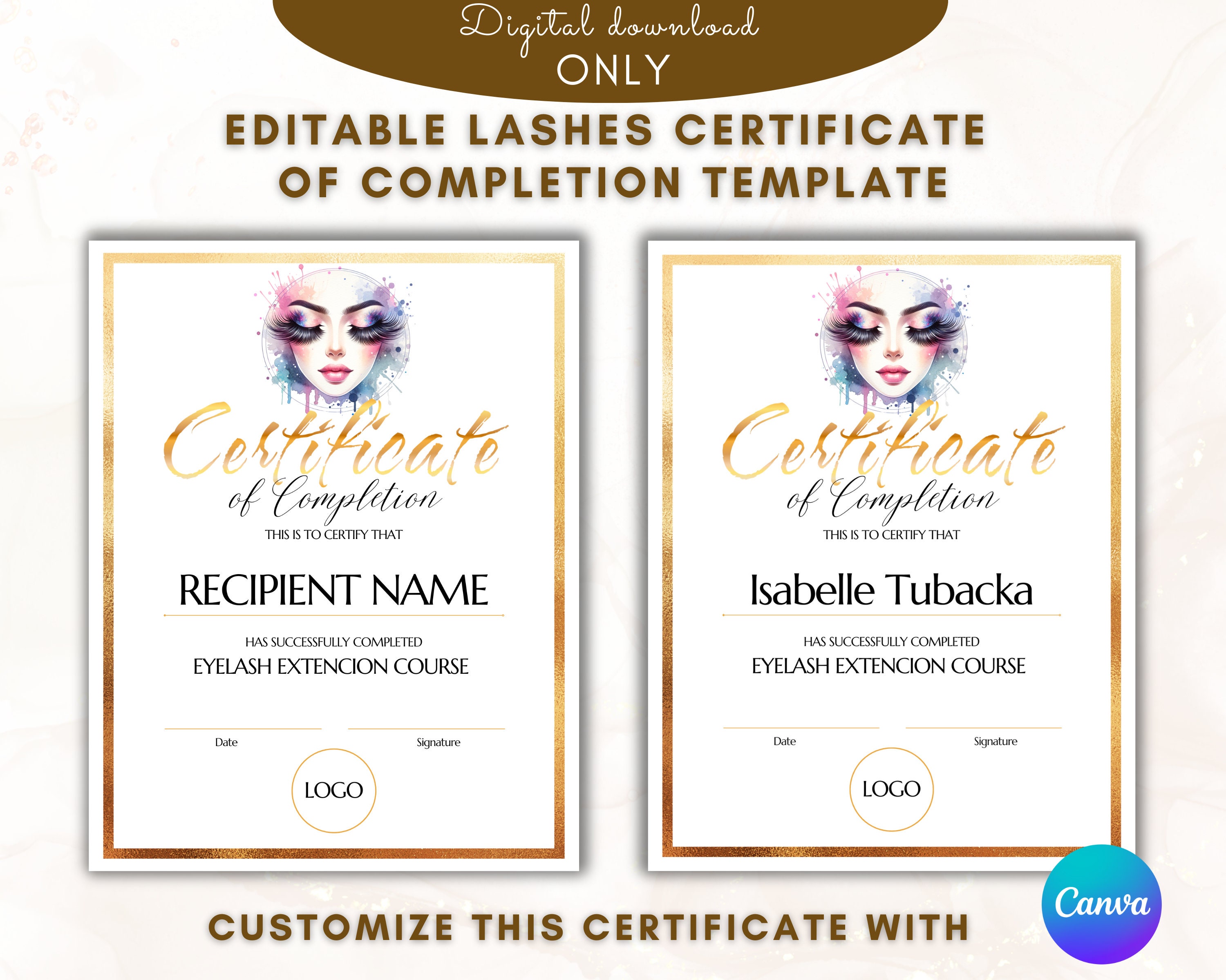 Lashes Certificate of Completion, Eyelash Extension Course Training ...