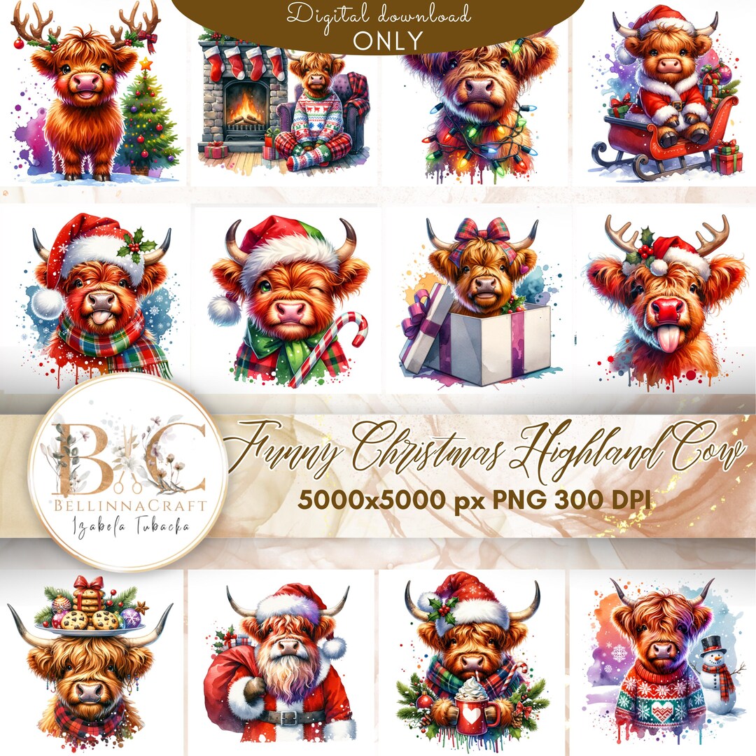 Funny Christmas Highland Cow Clipart, Watercolor Highland Cow Clipart ...