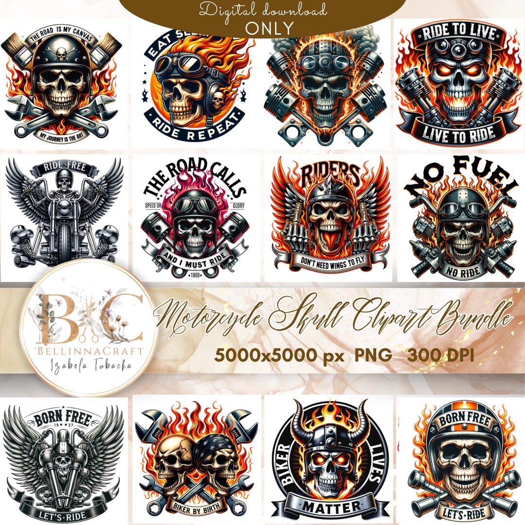 12 Motorcycle Skull PNG Bundle, Biker Skull Sublimation Graphics ...
