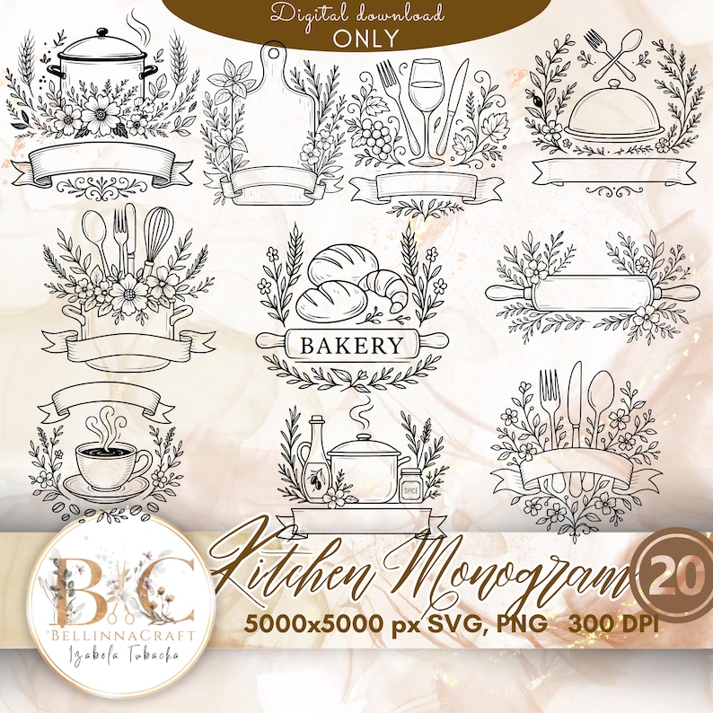 Kitchen Monogram Bundle SVG PNG, 20 Cooking Clipart Logos, Bakery ...