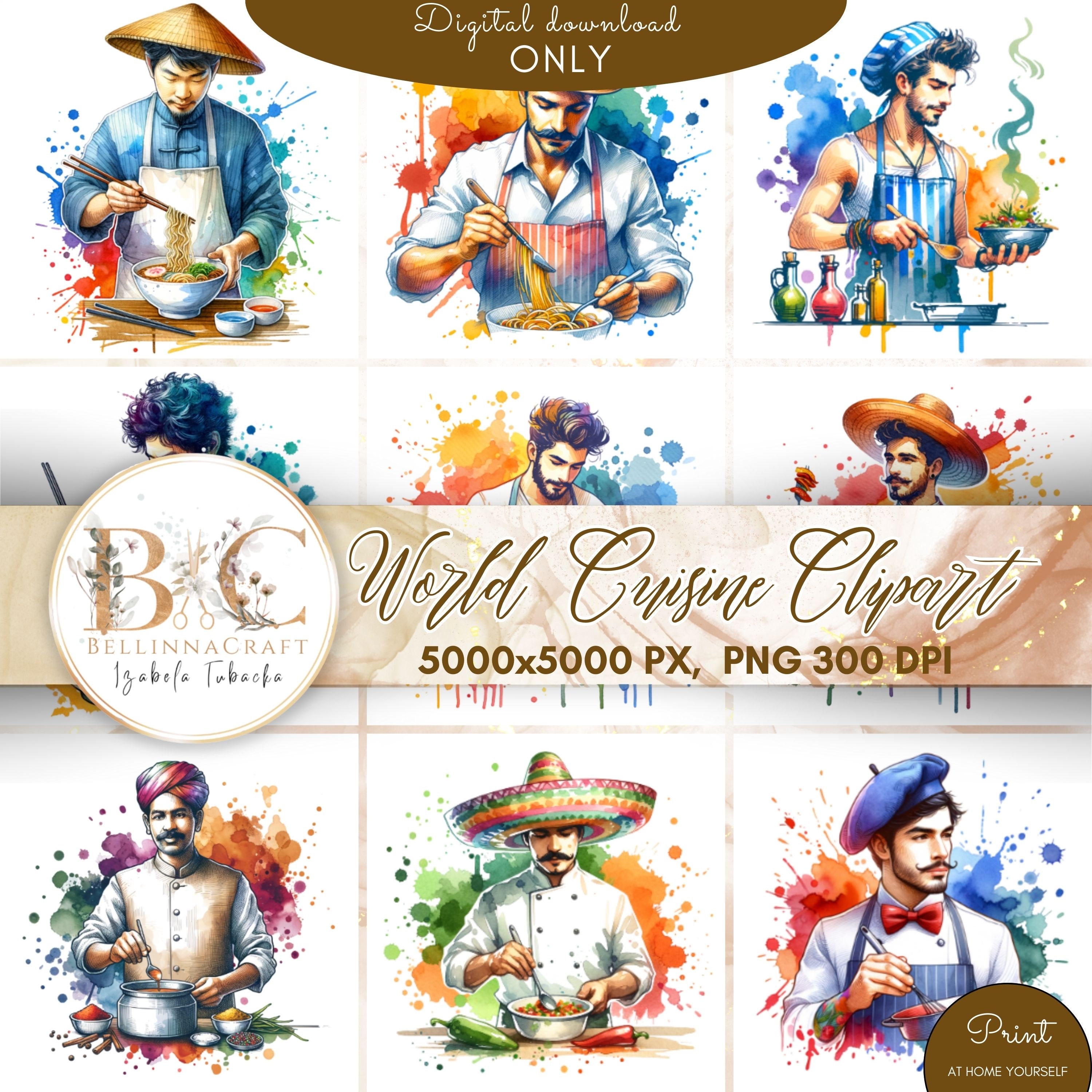 Watercolor Man Chef Clipart, World Cuisine Clipart, Cooking Job Clipart ...