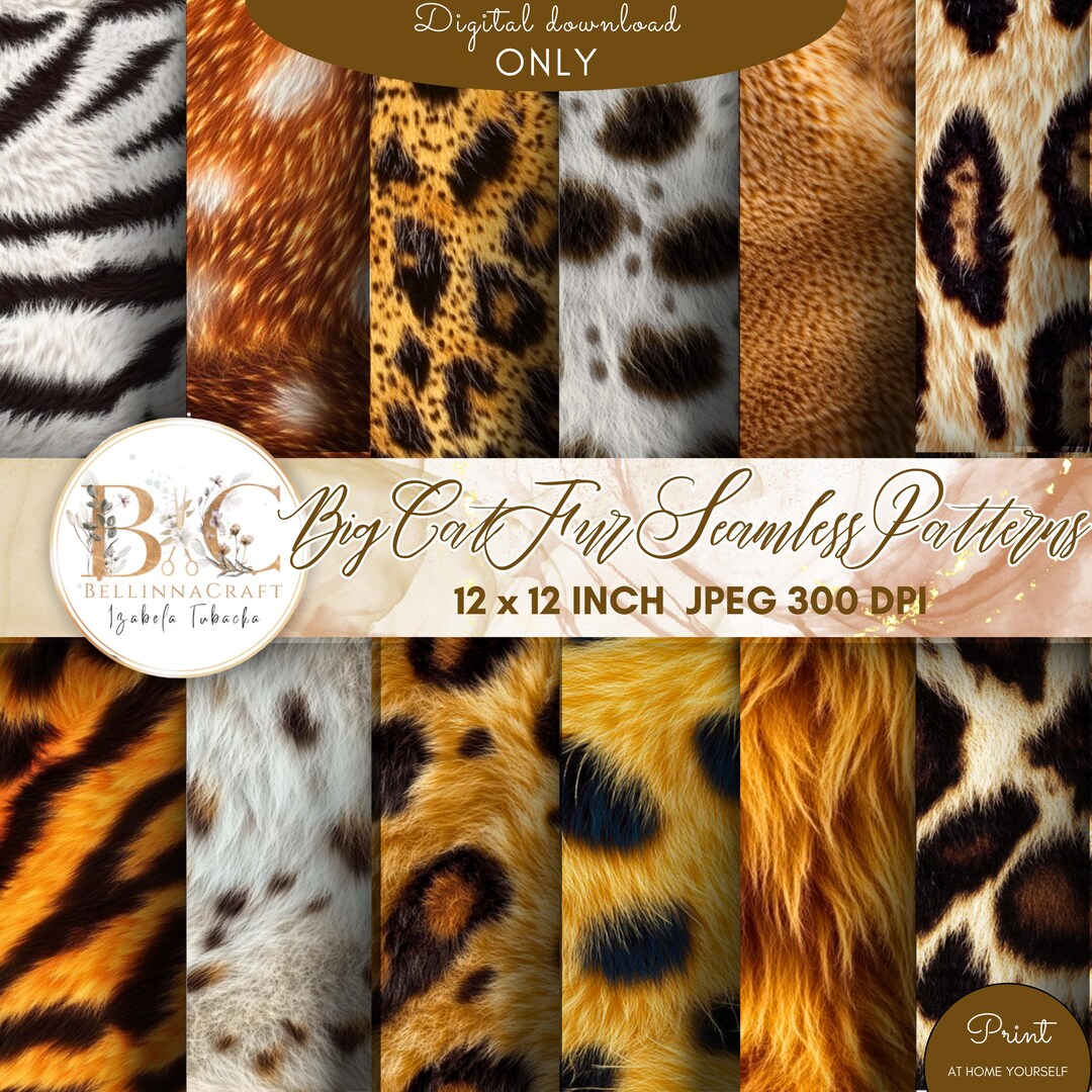 Big Cat Fur Seamless Digital Paper, Realistic Wild Cat Seamless Pattern ...