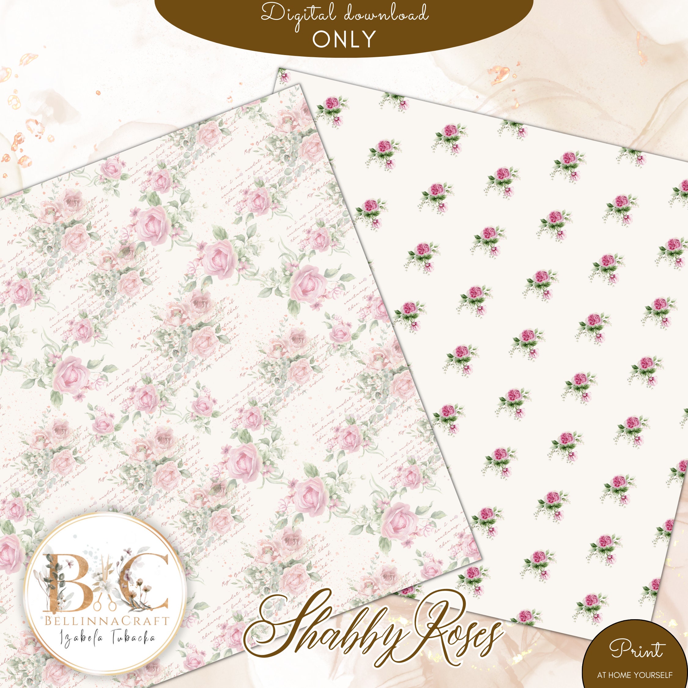 Watercolor Shabby Chic Pink Roses Digital Paper, Scrapbook Seamless ...