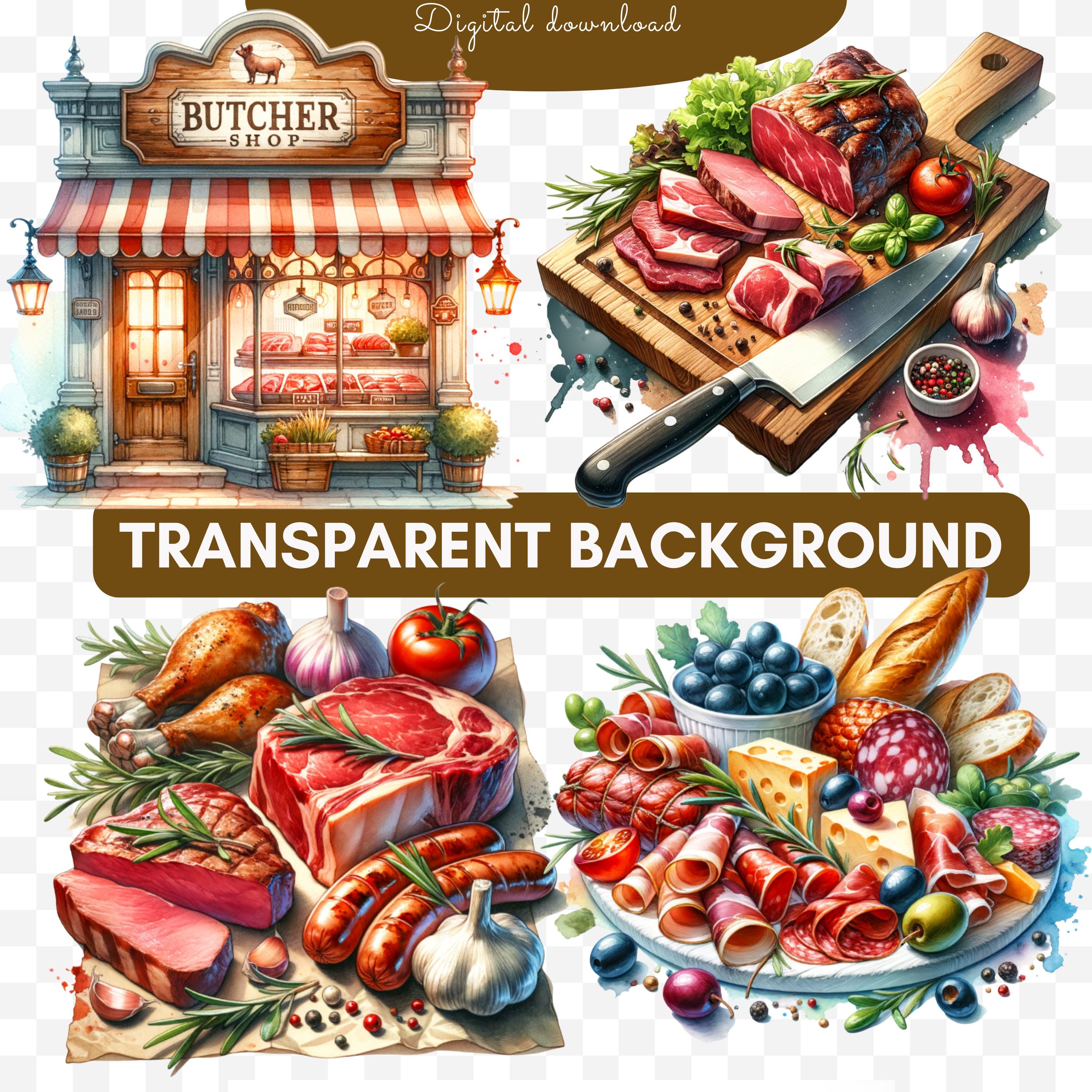 Watercolor Butcher Shop Clipart, Meat Shop Digital Illustrations ...