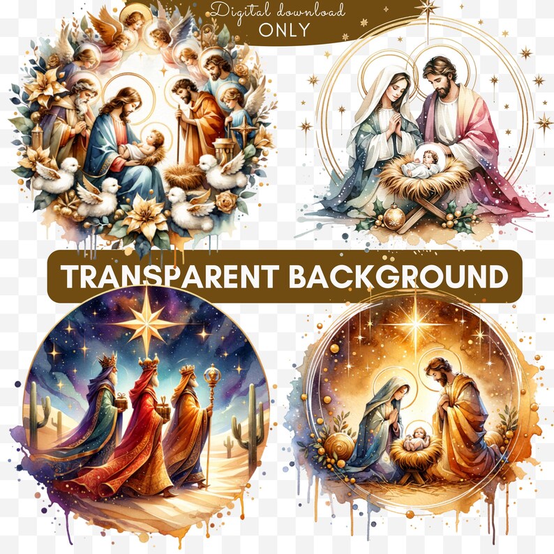 Watercolor Round Christmas Nativity Scene Clipart, Jesus Christmas ...
