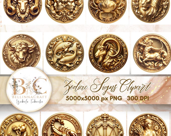 3D Zodiac Signs Clipart, Astrological Symbols, Gold Zodiac Signs ...