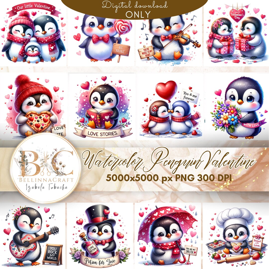 Watercolor Penguin Valentine Clipart, Valentine Penguin, Valentine Day ...