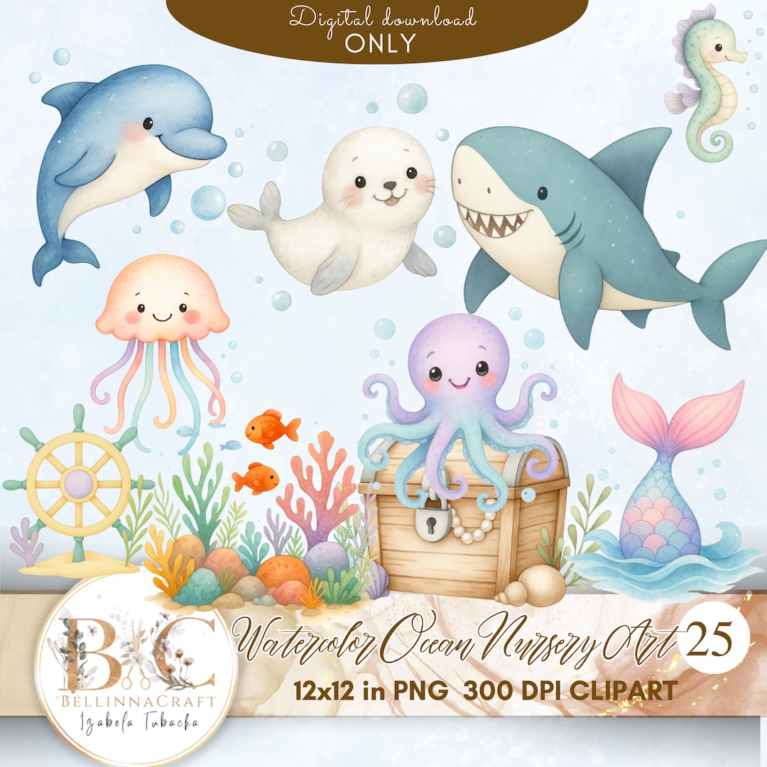 Watercolor Ocean Nursery Clipart Bundle, 25 Sea Life Pngs, Cute Baby ...