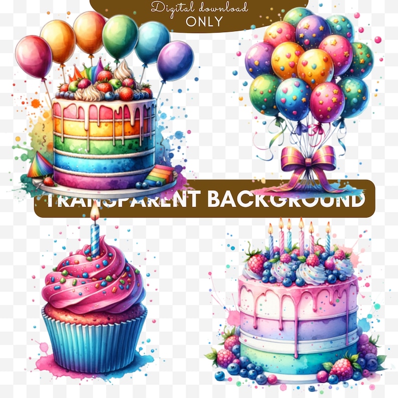 Watercolor Birthday Party Clipart, Cake Present Balloons Clipart Bundle ...