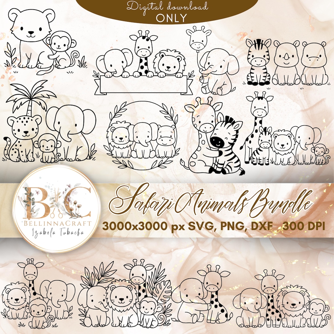 Safari Animals Bundle, Cute Jungle Line Art SVG, Baby Lion, Elephant ...