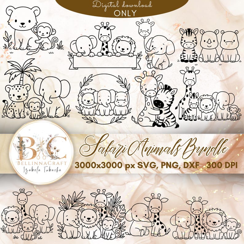 Safari Animals Bundle, Cute Jungle Line Art SVG, Baby Lion, Elephant ...