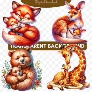 Watercolor Cute Mother and Baby Animal Clipart, Baby Animals Clipart ...