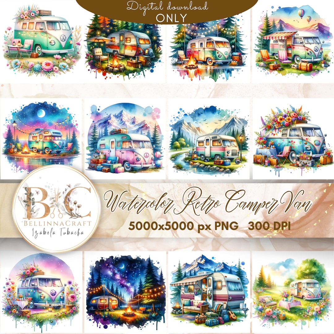 Watercolor Retro Camper Van Clipart, Vintage Caravan Clipart, Camping ...