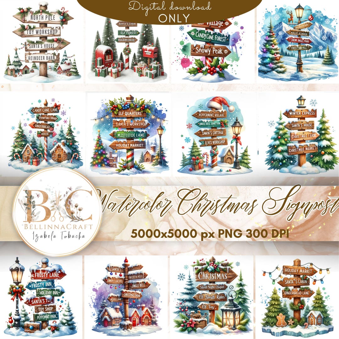 Watercolor Christmas Signpost Clipart, Festive Holiday Sign Graphics ...