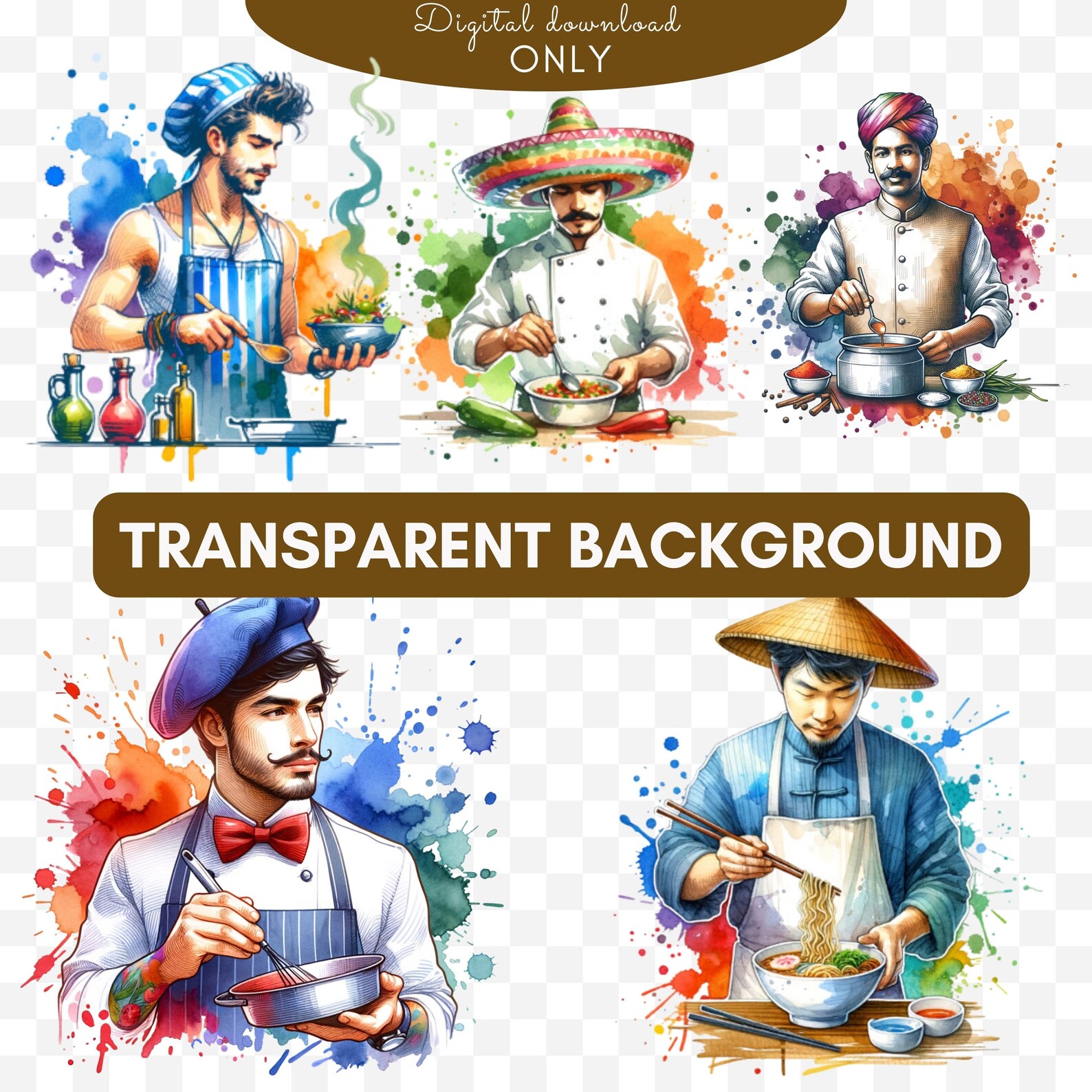 Watercolor Man Chef Clipart, World Cuisine Clipart, Cooking Job Clipart ...