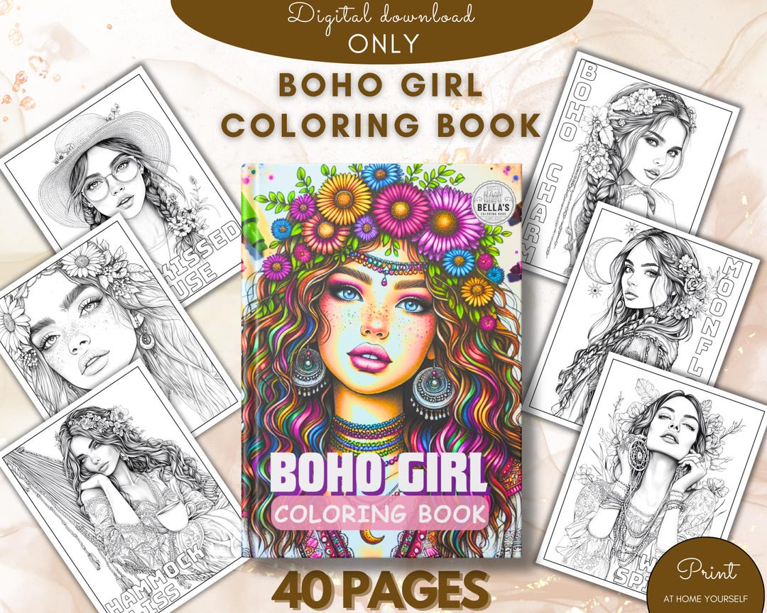Boho Girl Coloring Book | 40 Printable Coloring Pages of Stylish Hippie ...