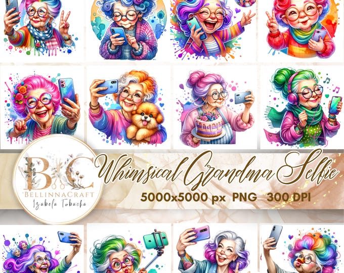15 PNG Funny Cheerful Old Lady Clipart, Watercolor Cartoon Grandma ...
