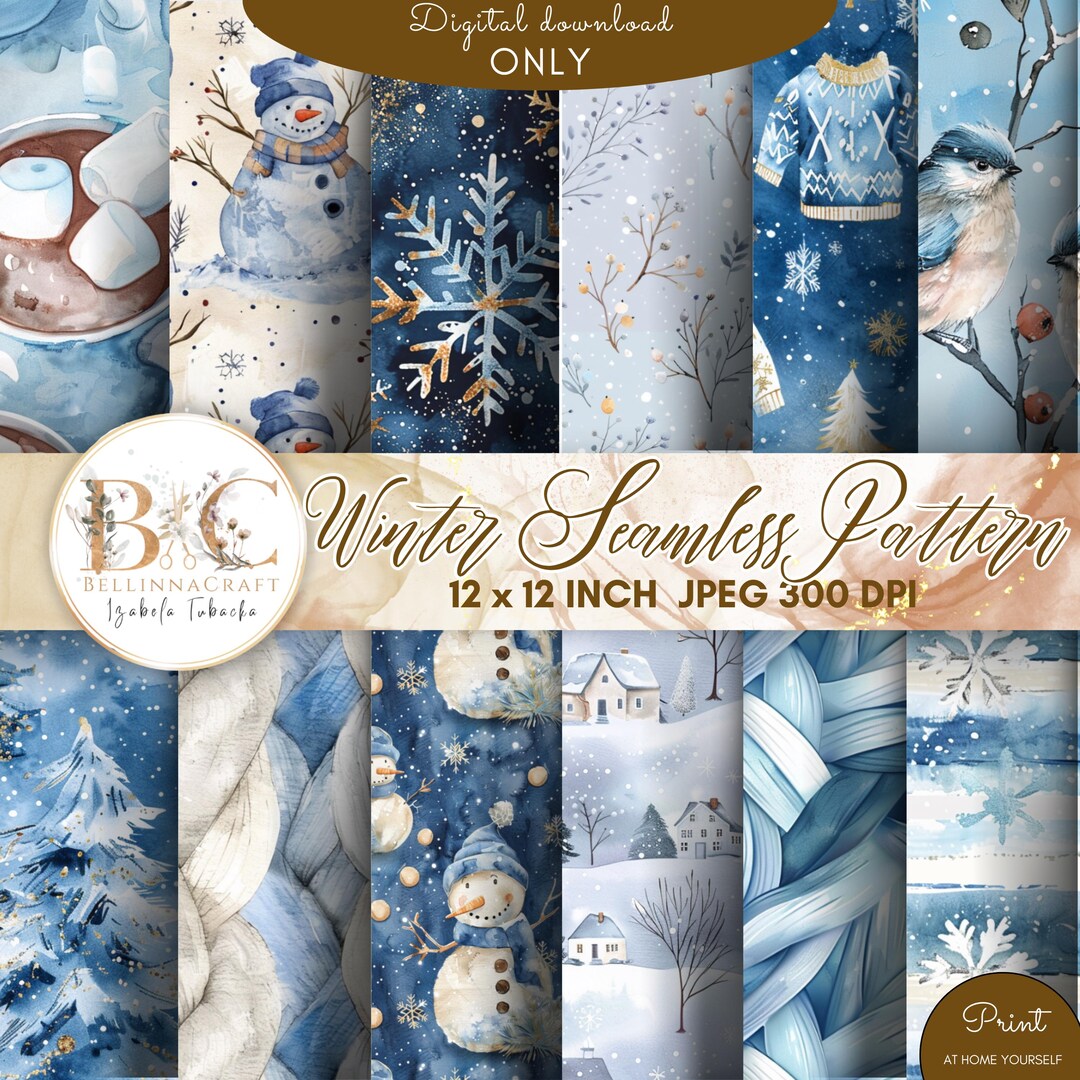 Winter Seamless Digital Paper Bundles, Blue Watercolor Christmas ...