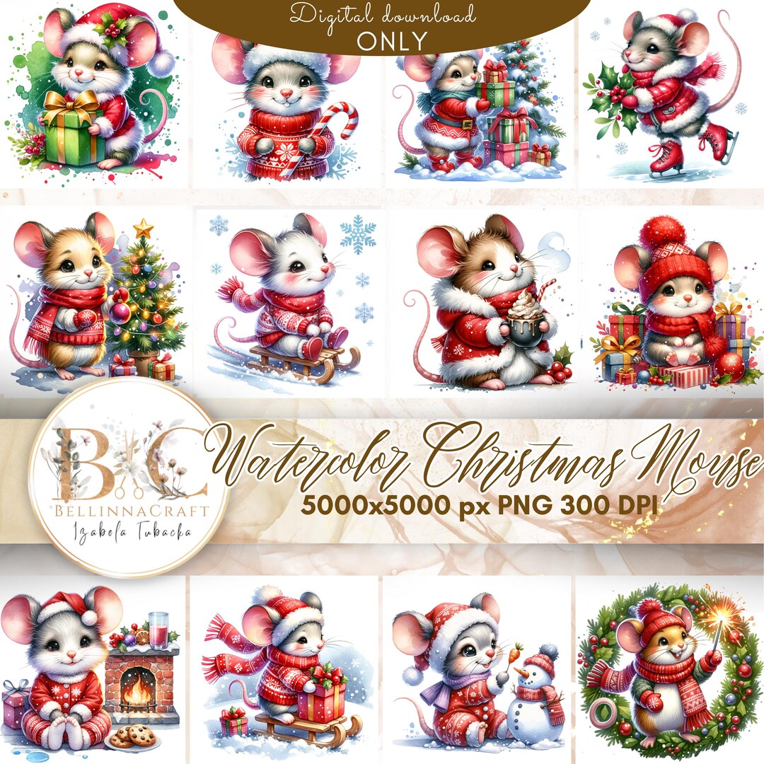 Watercolor Christmas Mouse Clipart, Adorable Animals Christmas ...