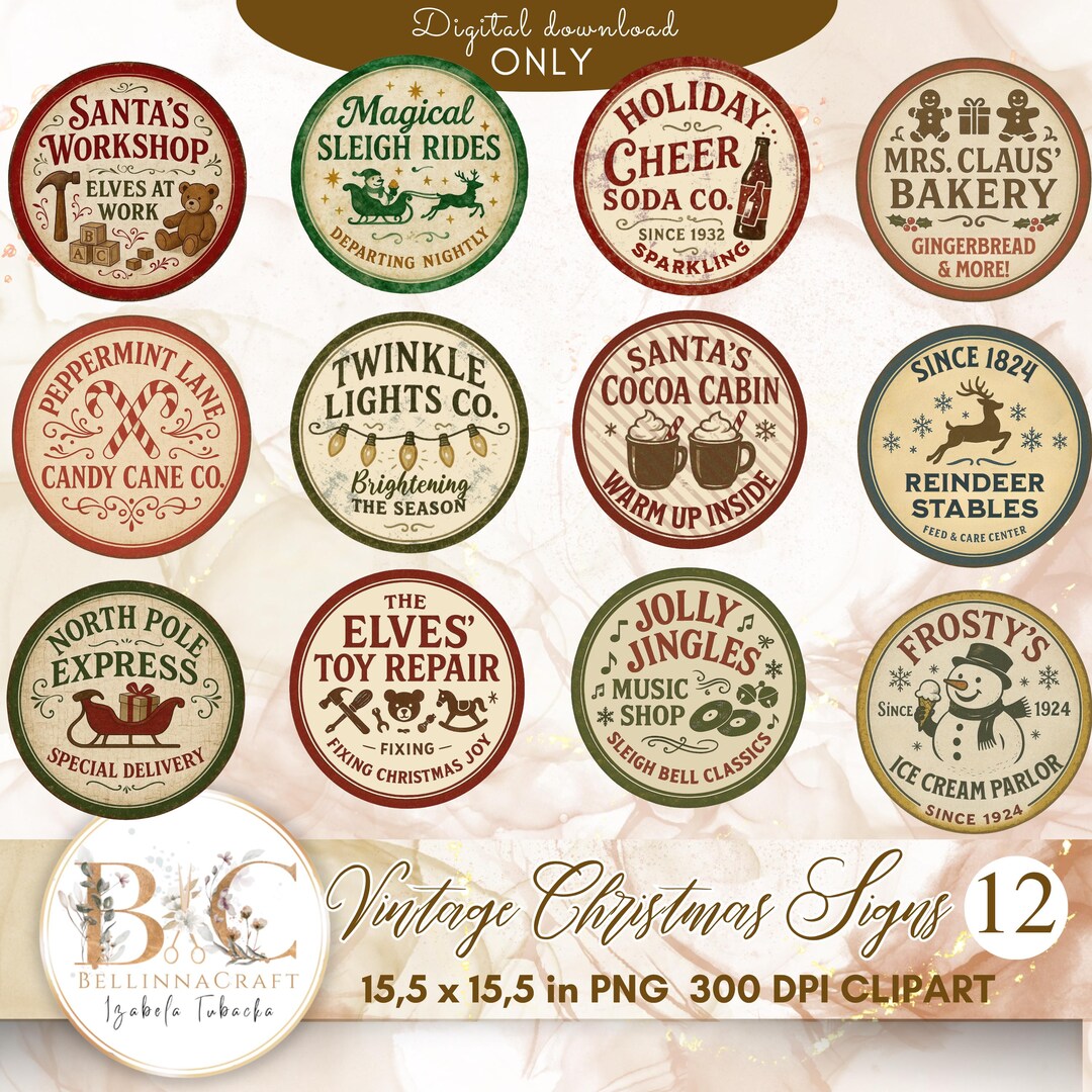 Vintage Christmas Signs Clipart, Retro Round Holiday Labels, PNG Santa ...